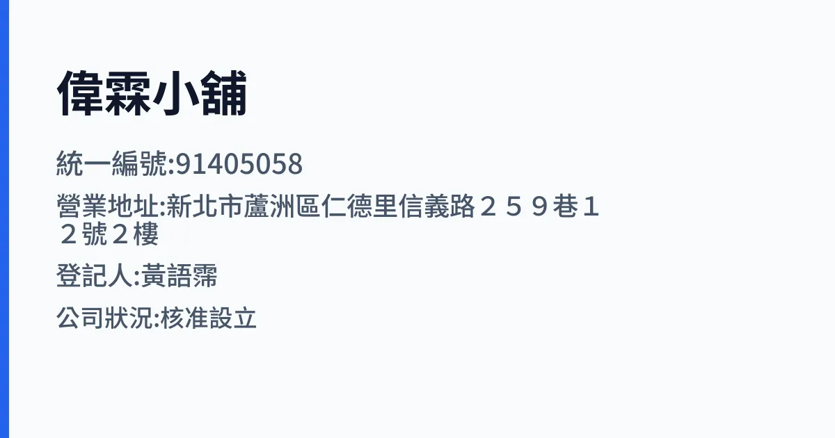 偉霖小舖 - 統編 91405058(新北市) 公司登記資料與營業項目詳細圖表