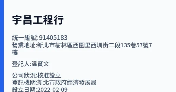 宇昌工程行的照片-統編 91405183(新北市) 公司登記資料與營業項目詳細圖表