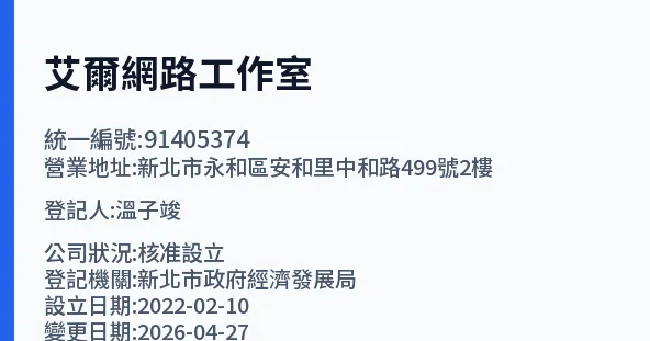 艾爾網路工作室的照片-統編 91405374(新北市) 公司登記資料與營業項目詳細圖表