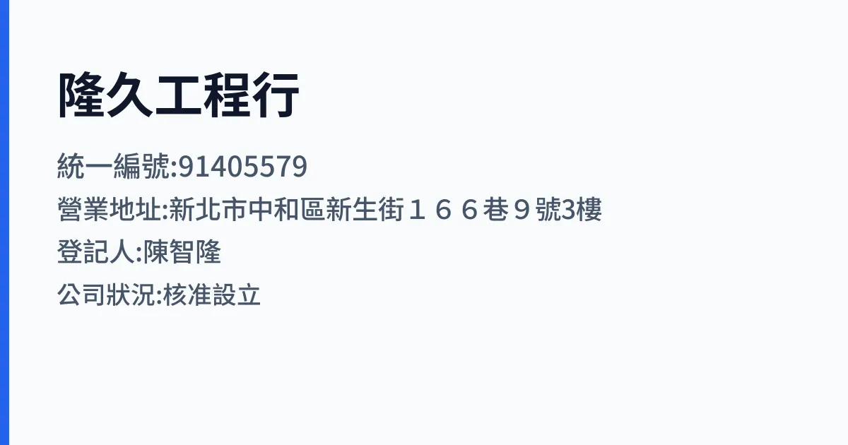 隆久工程行 - 統編 91405579(新北市) 公司登記資料與營業項目詳細圖表