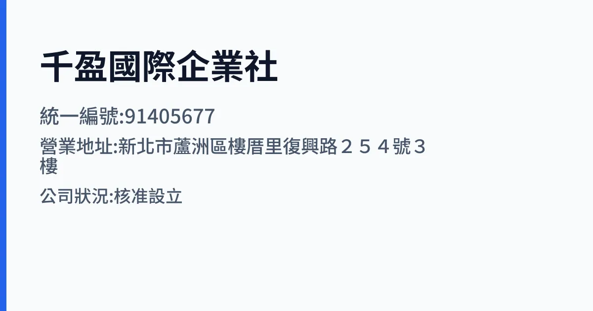 千盈國際企業社 - 統編 91405677(新北市) 公司登記資料與營業項目詳細圖表