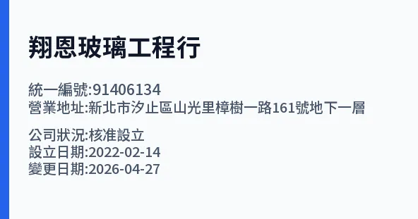 翔恩玻璃工程行的照片-統編 91406134(新北市) 公司登記資料與營業項目詳細圖表