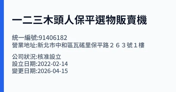 一二三木頭人保平選物販賣機的照片-統編 91406182(新北市) 公司登記資料與營業項目詳細圖表