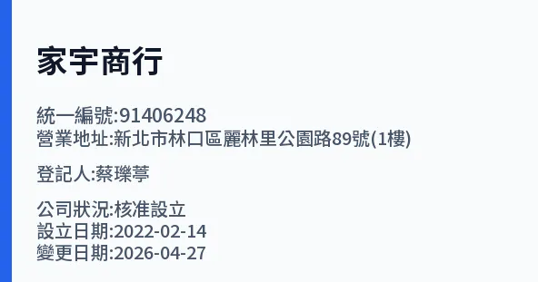 家宇商行的照片-統編 91406248(新北市) 公司登記資料與營業項目詳細圖表