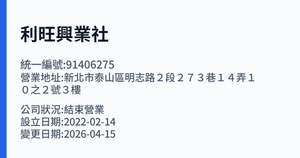 利旺興業社的照片-統編 91406275(新北市) 公司登記資料與營業項目詳細圖表