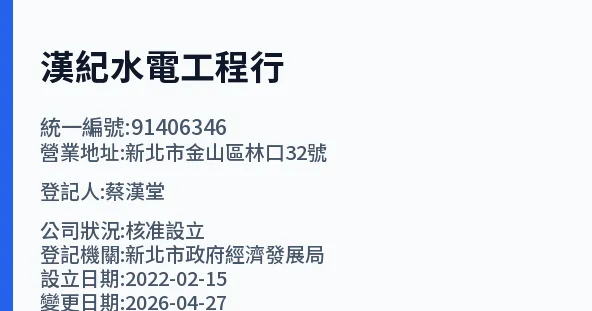 漢紀水電工程行的照片-統編 91406346(新北市) 公司登記資料與營業項目詳細圖表