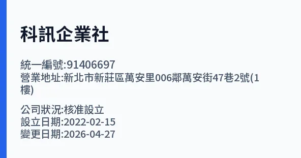 科訊企業社的照片-統編 91406697(新北市) 公司登記資料與營業項目詳細圖表