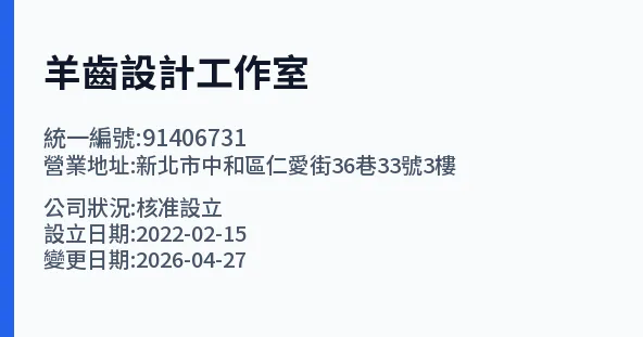 羊齒設計工作室的照片-統編 91406731(新北市) 公司登記資料與營業項目詳細圖表