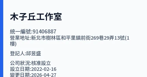 木子丘工作室的照片-統編 91406887(新北市) 公司登記資料與營業項目詳細圖表
