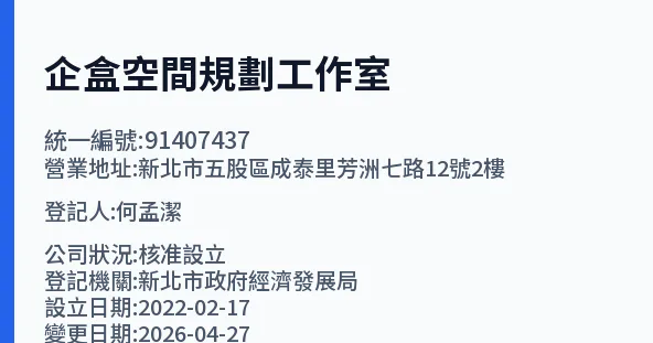 企盒空間規劃工作室的照片-統編 91407437(新北市) 公司登記資料與營業項目詳細圖表