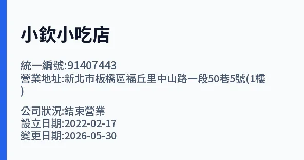 小欽小吃店的照片-統編 91407443(新北市) 公司登記資料與營業項目詳細圖表