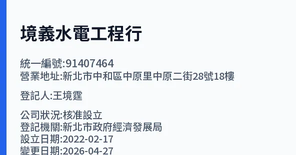 境義水電工程行的照片-統編 91407464(新北市) 公司登記資料與營業項目詳細圖表