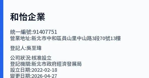 和怡企業的照片-統編 91407751(新北市) 公司登記資料與營業項目詳細圖表