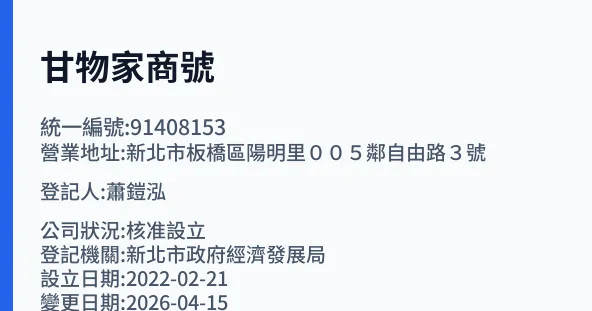 甘物家商號的照片-統編 91408153(新北市) 公司登記資料與營業項目詳細圖表