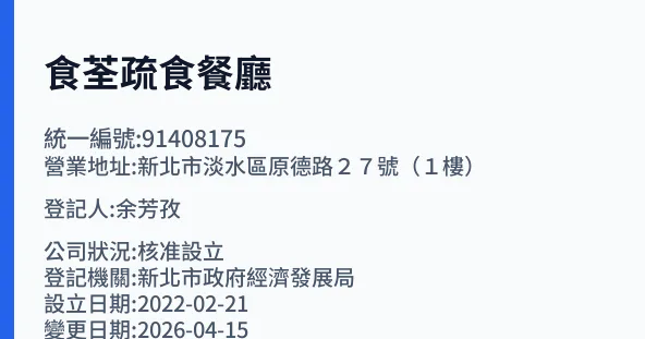 食荃疏食餐廳的照片-統編 91408175(新北市) 公司登記資料與營業項目詳細圖表