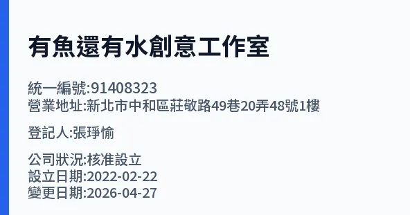 有魚還有水創意工作室的照片-統編 91408323(新北市) 公司登記資料與營業項目詳細圖表
