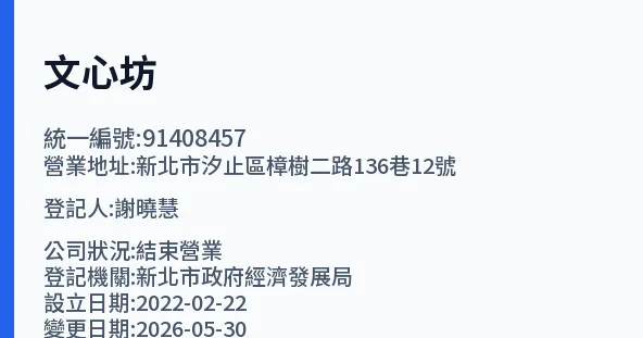 文心坊的照片-統編 91408457(新北市) 公司登記資料與營業項目詳細圖表
