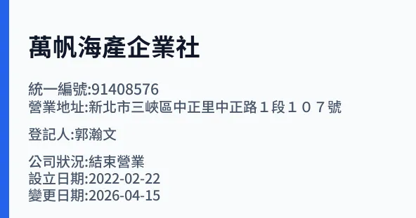 萬帆海產企業社的照片-統編 91408576(新北市) 公司登記資料與營業項目詳細圖表