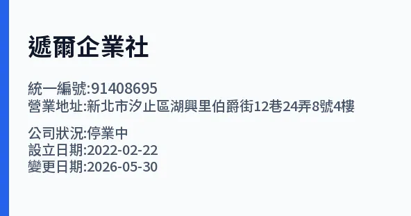 遞爾企業社的照片-統編 91408695(新北市) 公司登記資料與營業項目詳細圖表