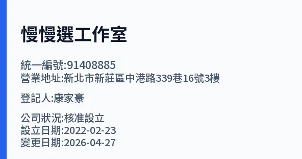 慢慢選工作室的照片-統編 91408885(新北市) 公司登記資料與營業項目詳細圖表