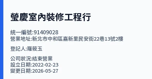 瑩慶室內裝修工程行的照片-統編 91409028(新北市) 公司登記資料與營業項目詳細圖表