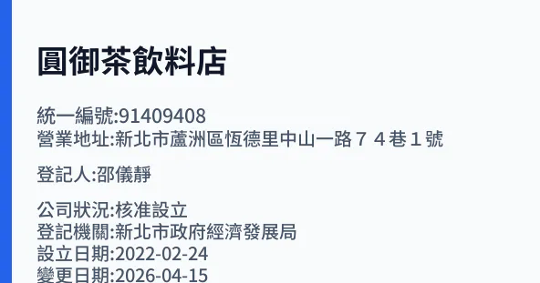 圓御茶飲料店的照片-統編 91409408(新北市) 公司登記資料與營業項目詳細圖表
