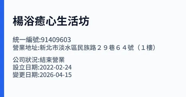 楊浴癒心生活坊的照片-統編 91409603(新北市) 公司登記資料與營業項目詳細圖表