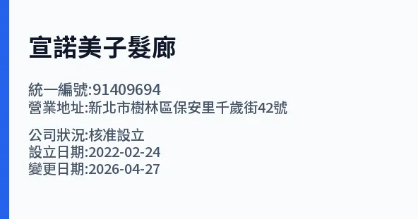 宣諾美子髮廊的照片-統編 91409694(新北市) 公司登記資料與營業項目詳細圖表
