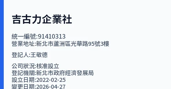 吉古力企業社的照片-統編 91410313(新北市) 公司登記資料與營業項目詳細圖表