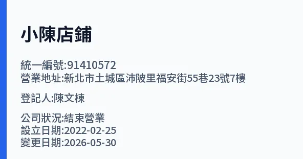小陳店鋪的照片-統編 91410572(新北市) 公司登記資料與營業項目詳細圖表