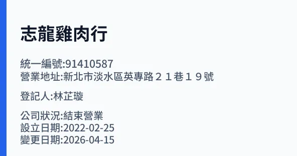志龍雞肉行的照片-統編 91410587(新北市) 公司登記資料與營業項目詳細圖表