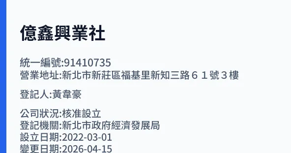 億鑫興業社的照片-統編 91410735(新北市) 公司登記資料與營業項目詳細圖表