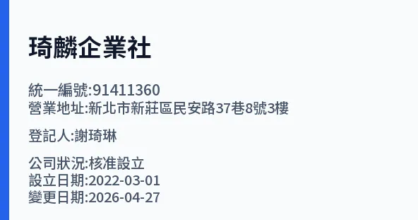 琦麟企業社的照片-統編 91411360(新北市) 公司登記資料與營業項目詳細圖表