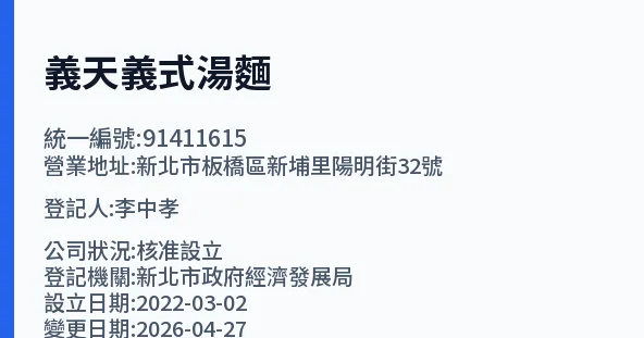 義天義式湯麵的照片-統編 91411615(新北市) 公司登記資料與營業項目詳細圖表