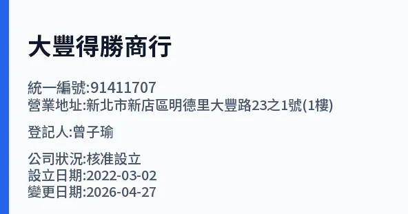 大豐得勝商行的照片-統編 91411707(新北市) 公司登記資料與營業項目詳細圖表