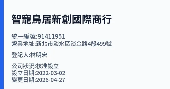 智寵鳥居新創國際商行的照片-統編 91411951(新北市) 公司登記資料與營業項目詳細圖表