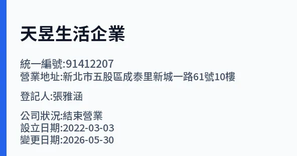 天昱生活企業的照片-統編 91412207(新北市) 公司登記資料與營業項目詳細圖表