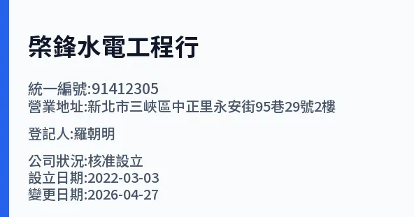 棨鋒水電工程行的照片-統編 91412305(新北市) 公司登記資料與營業項目詳細圖表