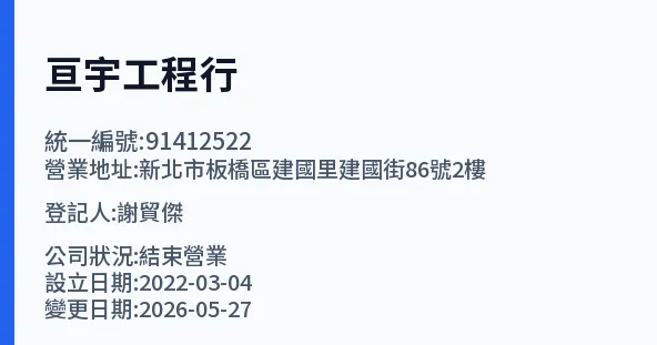 亘宇工程行的照片-統編 91412522(新北市) 公司登記資料與營業項目詳細圖表