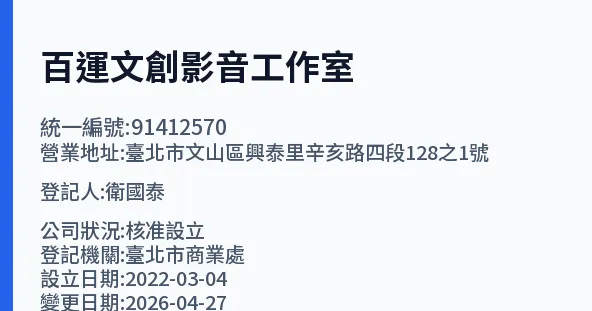 百運文創影音工作室的照片-統編 91412570(臺北市) 公司登記資料與營業項目詳細圖表