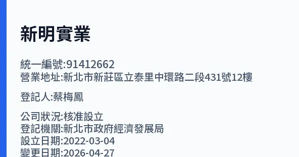 新明實業的照片-統編 91412662(新北市) 公司登記資料與營業項目詳細圖表