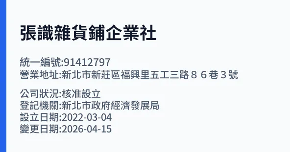 張識雜貨鋪企業社的照片-統編 91412797(新北市) 公司登記資料與營業項目詳細圖表