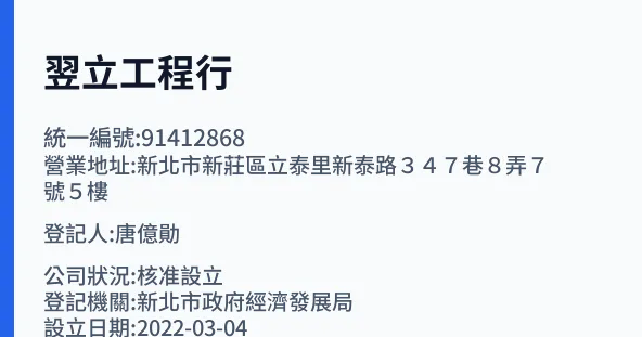 翌立工程行的照片-統編 91412868(新北市) 公司登記資料與營業項目詳細圖表