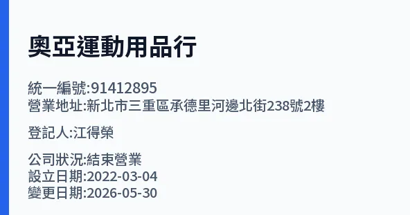 奧亞運動用品行的照片-統編 91412895(新北市) 公司登記資料與營業項目詳細圖表