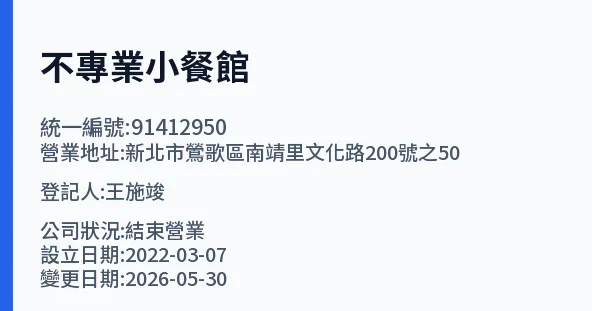 不專業小餐館的照片-統編 91412950(新北市) 公司登記資料與營業項目詳細圖表