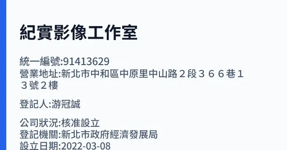 紀實影像工作室的照片-統編 91413629(新北市) 公司登記資料與營業項目詳細圖表