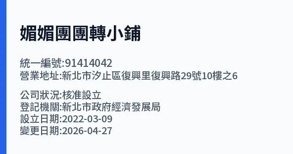 媚媚團團轉小鋪的照片-統編 91414042(新北市) 公司登記資料與營業項目詳細圖表