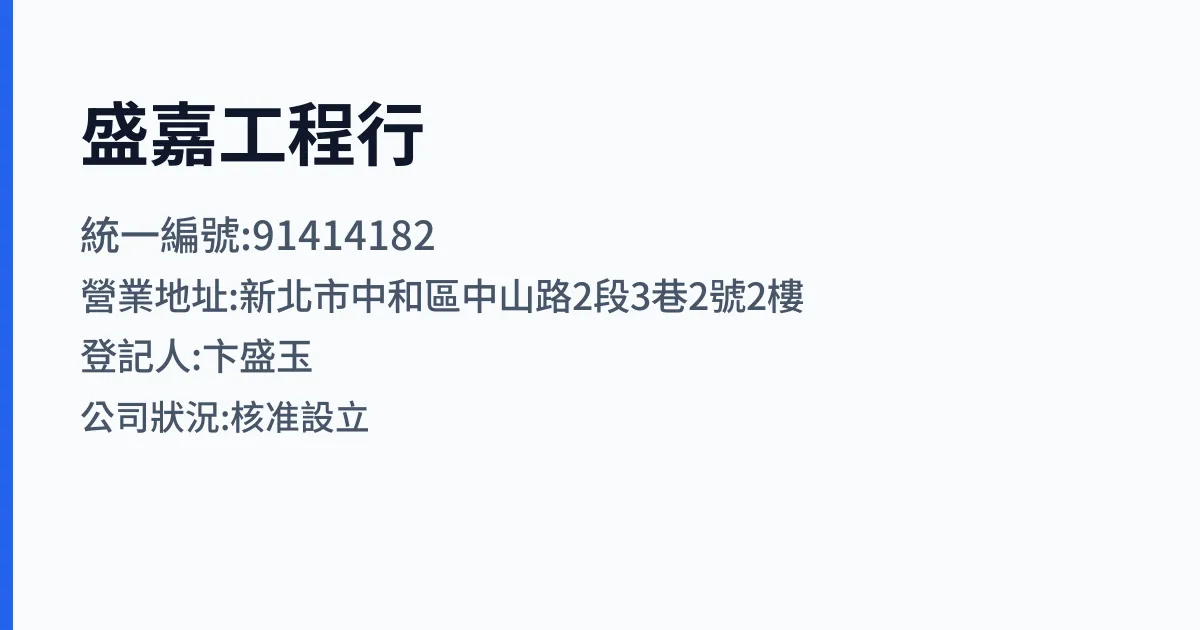 盛嘉工程行 - 統編 91414182 (新北市) 公司登記資料與營業項目詳細圖表