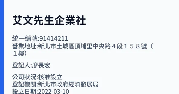艾文先生企業社的照片-統編 91414211(新北市) 公司登記資料與營業項目詳細圖表