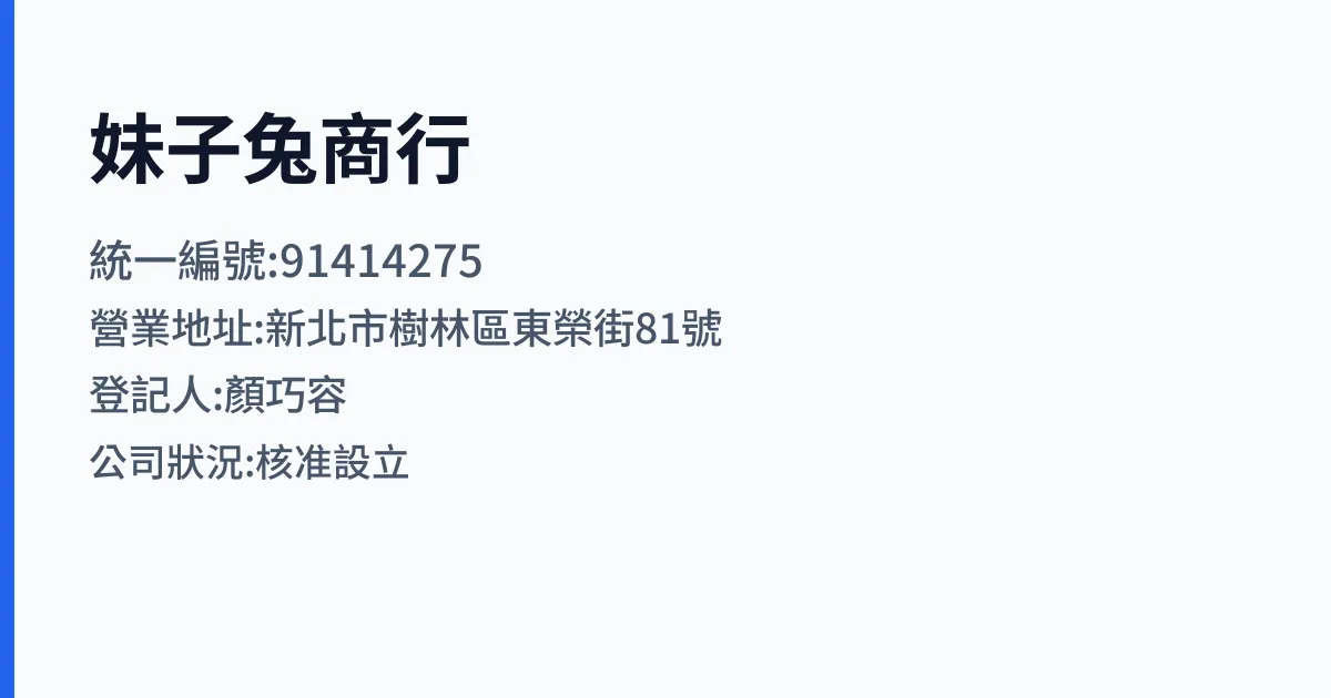 妹子兔商行 - 統編 91414275(新北市) 公司登記資料與營業項目詳細圖表